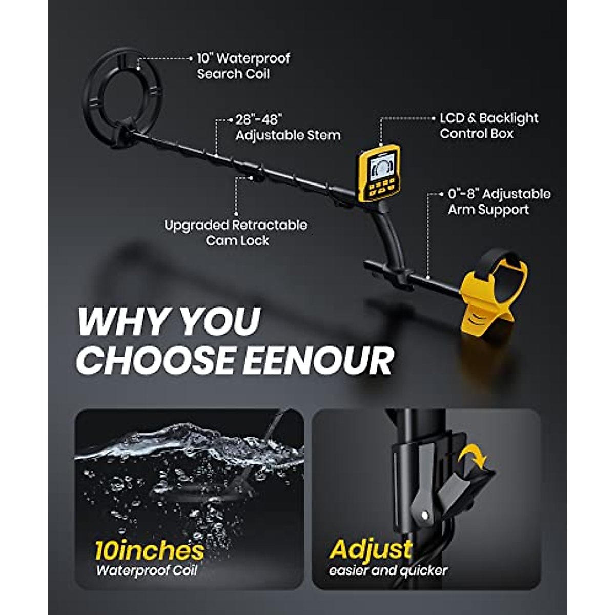 EENOUR Metal Detector for Adults Waterproof - Professional High Accuracy Metal Detectors with 5 Mode, 10" Coil, 10" Detection Depth, Larger LCD Display, Advanced DSP Chip for Treasure Hunting - GC1078