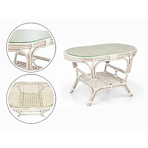 Malibu Lounge Set of 4: 2 Natural Rattan Wicker Chairs, Loveseat with Light Brown Cushions and Coffee Table w/Glass Handmade, White Wash