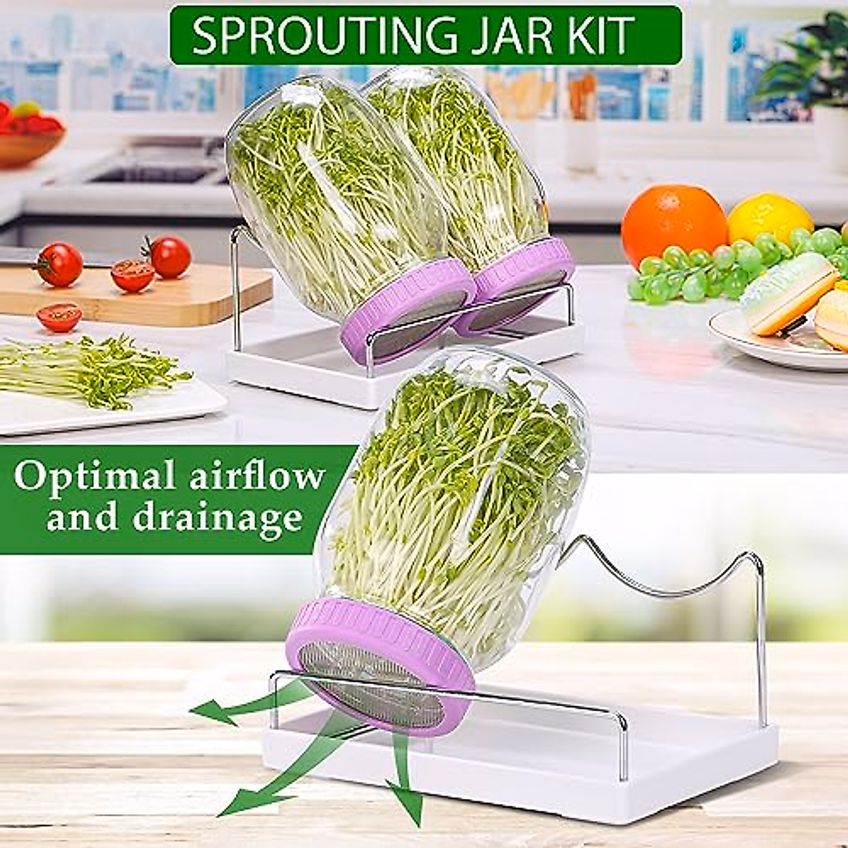 EOUOBOMO Sprouting Kit,Sprouting Jar Kit,Sprouts Growing Kit w.Wide Mouth Mason Jar,316 Screen Lid, Stand,Tray and Blackout Sleeves,Seed Sprouting Kit for Growing Broccoli, Alfalfa