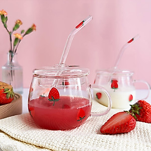 Kreapa strawberry glass cup 2 Sets cute strawberry Clear Glass Mug with Lid and Straw. Strawberry cups with cute strawberry roller stuff pattern decor glass bottle for Juice water milk coffee tea
