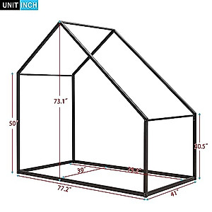 Epinki Twin Size Metal House Bed Kids Bed, Black, Kids Bed, No Box Spring Needed, Easy Assembly