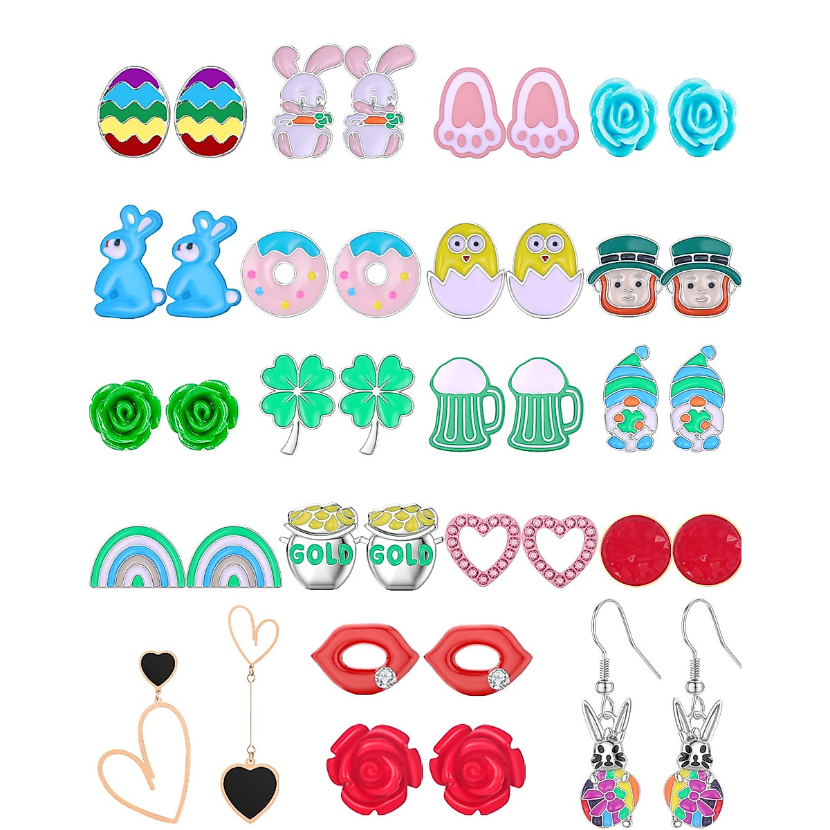 20 Pairs Mothers Day St Patrick's Day Easter Hypoallergenic Drop Stud Earrings Bulk for Girls Women Clover Shamrock Green Hat Easter Eggs Bunny Earrings Dangle Stud Earrings Set for Teen Girls Women Valentine’s Day Gifts, Easter (Valentine’s/St Patrick's/