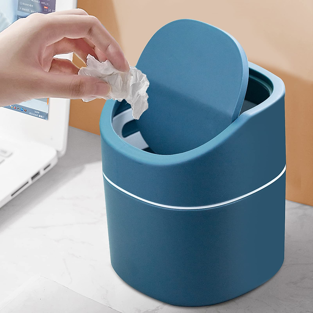 AWOLIC Mini Desktop Trash Can with Swing Lid,Small Garbage Can for Countertop,Dressing Table,Bedside Etc,Free 90 Bags(Blue)