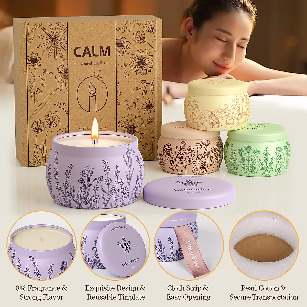 WarmEmbrace Scented Candles, 17.6oz Christmas Candles Presents for Mom Women Men, Candle Set, 120H Burning, Soy Candles for Home Scented, Lavender | Vanilla | Rose & Sandalwood | Jasmine - 4 Pack