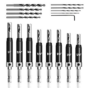 Canitu 17Pcs Black Self Centering Drill Bit Set 1/4" Hex Shank VIX Bit,Quick Change Hinge Center Drill Bits with 1 Hex Key & 8 Drill Bits 5/64-1/4” for Woodworking Metal Wood Cabinet Window Door