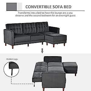 HOMCOM Upholstered L-Shaped Sofa Bed, Reversible Sectional Recliner Sofa Set, Velvet-Touch Sleeper Futon with Footstool, Black