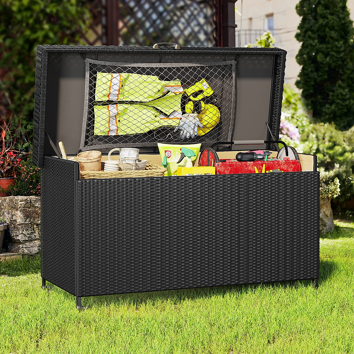 YITAHOME 200 Gallon Large Wicker Deck Box w/Storage Net, Rattan XL Outdoor Storage Box Patio Cushion Storage, Waterproof Storage Box for Patio Furniture, Garden Tools, Pool Sports Equipment (Black)