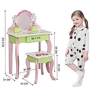 HILIROOM Kids Vanity Set with Mirror and Stool, Girls Makeup Vanity Wooden Dressing Table with Drawer, Princess Vanity Table and Chair Set, Pretend Play Vanity Set for Little Girls