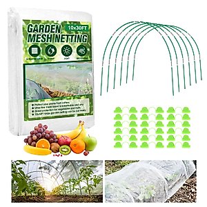 JCKHXG Garden Netting Kit, 10x30FT Ultra Fine Mesh Netting ＆6 Sets of 8FT Fiberglass Garden Hoops for Raised Beds, Vegetable Plants Fruits Flowers Birds Animals Barrier Protection Net