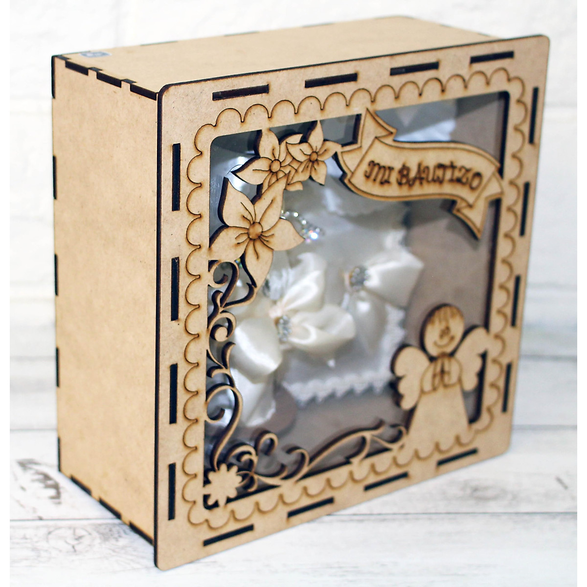 Handmade Angel Teardrop Wings Rhinestone Bling Mi Bautizo Wood Baptism Box Gift Set Rosary Candle Communion Espanol Nina Nino Favor