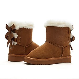 Weestep Girls Toddler Little Kid Warm Fur Winter Ankle Flat Snow Boot(2 Little Kid, Bow Brown)
