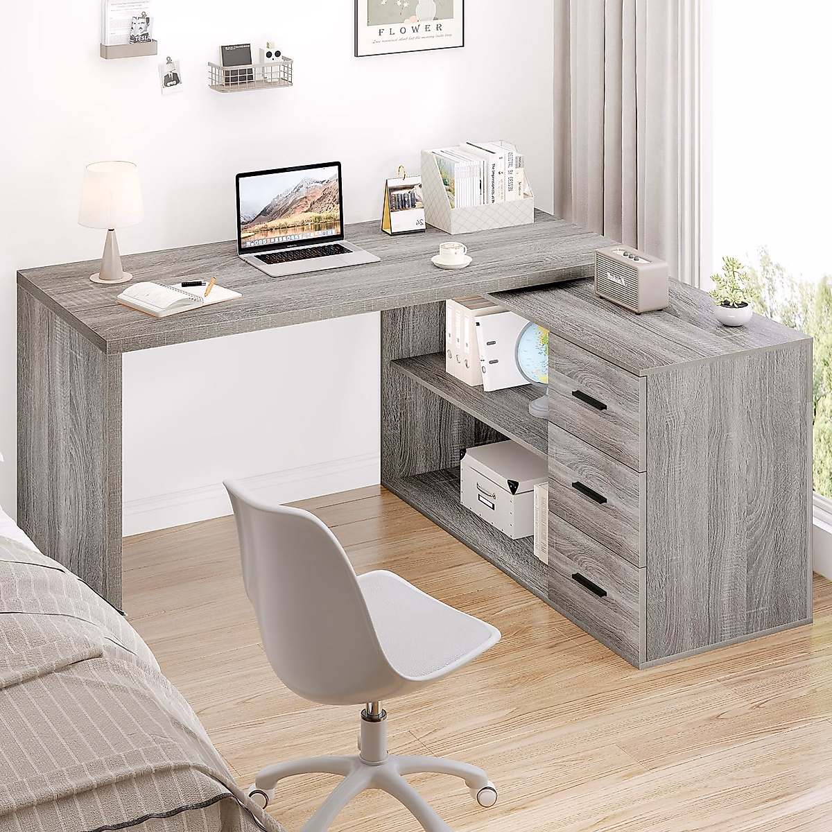 HSH L Shape Desk with Drawers, L-Shaped Desk with Storage Cabinet Shelves, Home Office Corner Computer Desk for Executive Writing, Modern Wood Study PC Table in Bedroom Living Room, Grey Oak, 55 Inch