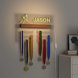 Personalised Light up Medal Hanger Display, Ammonite Holder Rack for Awards or Ribbons, Personalized Sports Themed Ribbon Holder for Wall, Tiered Award Rack (Customize)