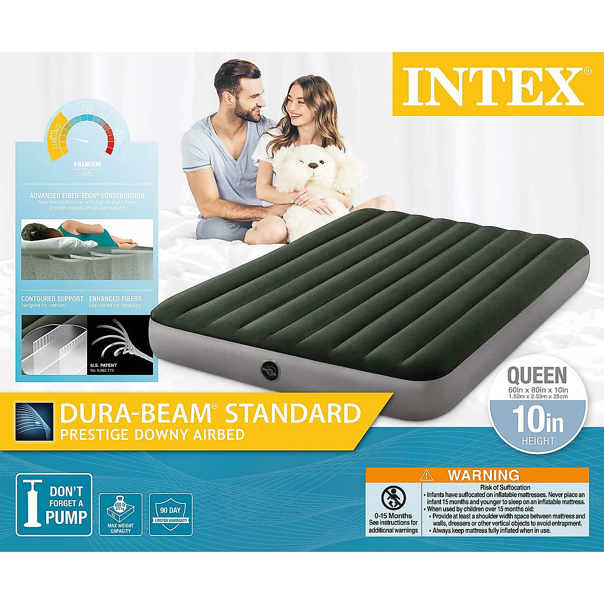 Intex 64109E Dura-Beam Standard Prestige Air Mattress: Fiber-Tech – Queen Size – 10in Bed Height – 600lb Weight Capacity – Pump Sold Separately