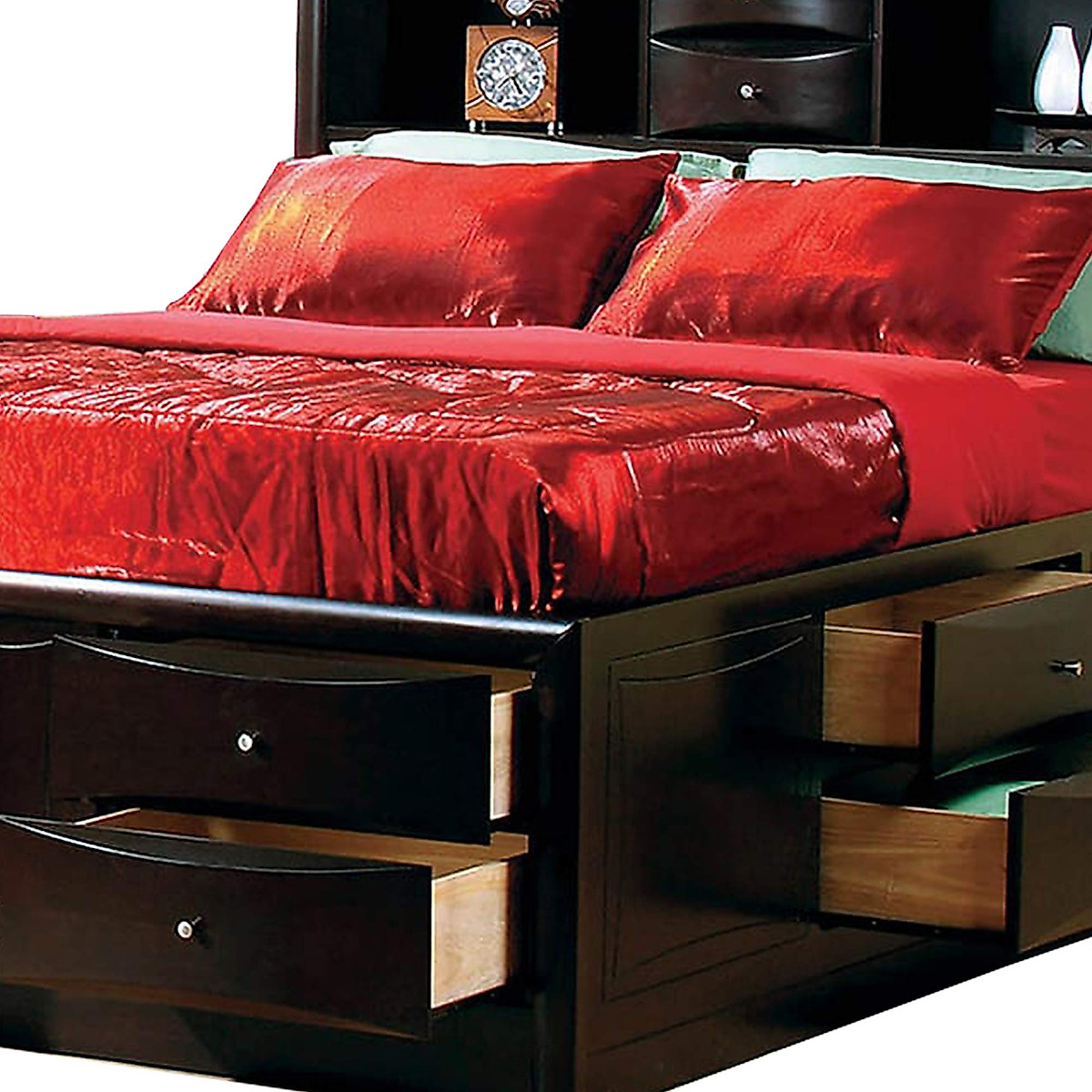 Benjara Wooden California King Size Bed with One Drawers and Two Open Shelves, Brown