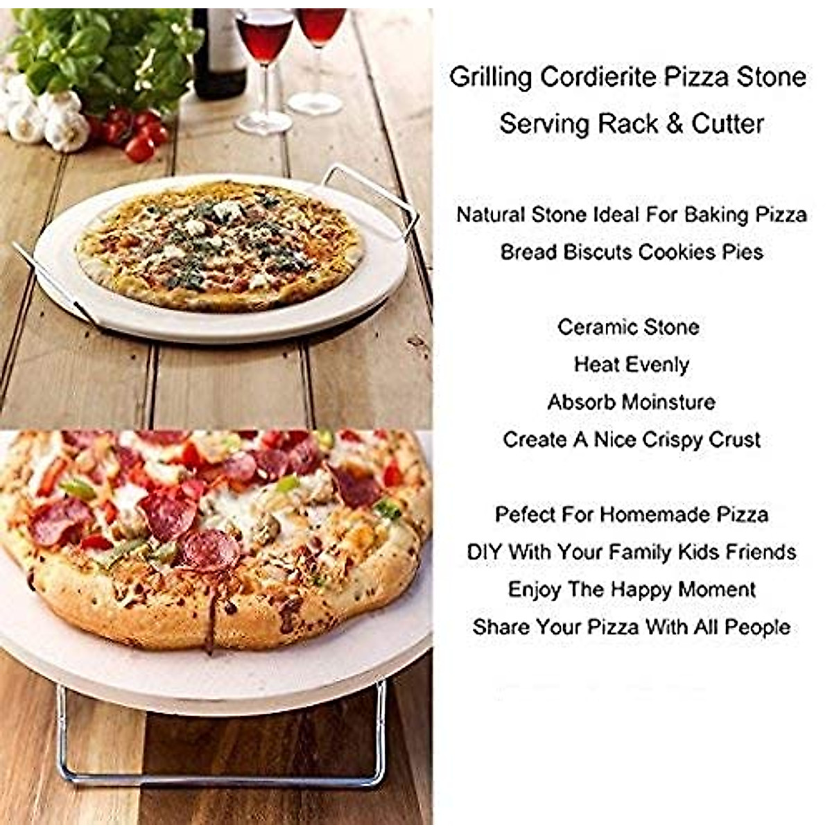 13 Inch Round Pizza Stones for Grill and Oven, Cordierite Baking Stones Set with Serving Rack & Cutter, Durable and Safe Cooking Stone Pan for Bread