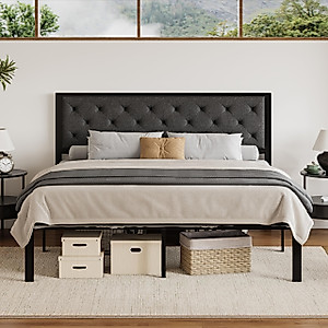 SHA CERLIN King Size Metal Platform Bed Frame with Linen Fabric Upholstered Button Tufted Headboard, Mattress Foundation with 12.4” Storage, No Box Spring Needed, Easy Assembly, Dark Grey