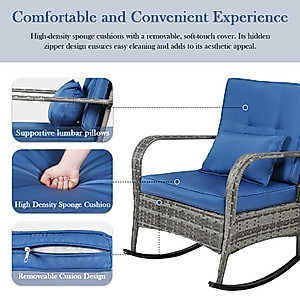 FUNKOCO 3 Pieces Patio PE Rattan Conversation Chair Set, Outdoor Furniture Rocking Chair Set with Water-Proof Cushion&Coffee Table for Garden,Backyard and Porch (Dark Blue)