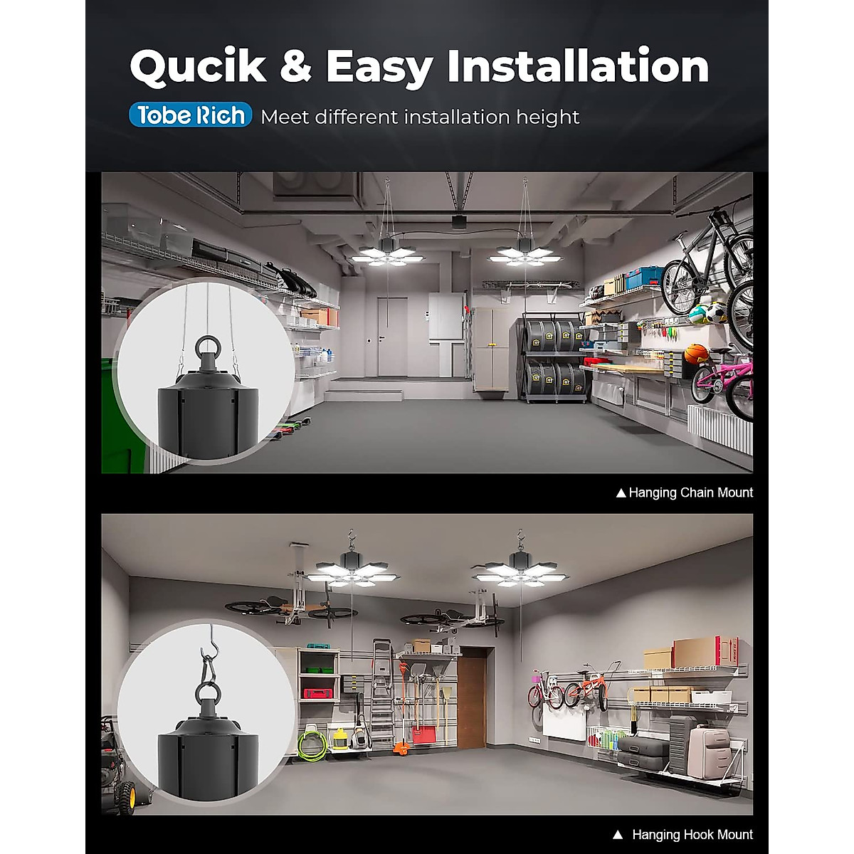 toberich 2-Pack Plug in Garage Light, 200W 20000LM Linkable LED Shop Light w/Pull Chain(ON/Off), 6+1 Deformable Panels, 6500K LED Ceiling Lights for Garage, Workshop, Warehouse, Barn