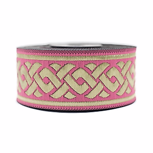 11 Yards Spool 1.37" Pink & Gold Celtic Knot Jacquard Ribbon Sewing Trim Upholstery Fabric Costume Embellishment Woven Trimming 35069