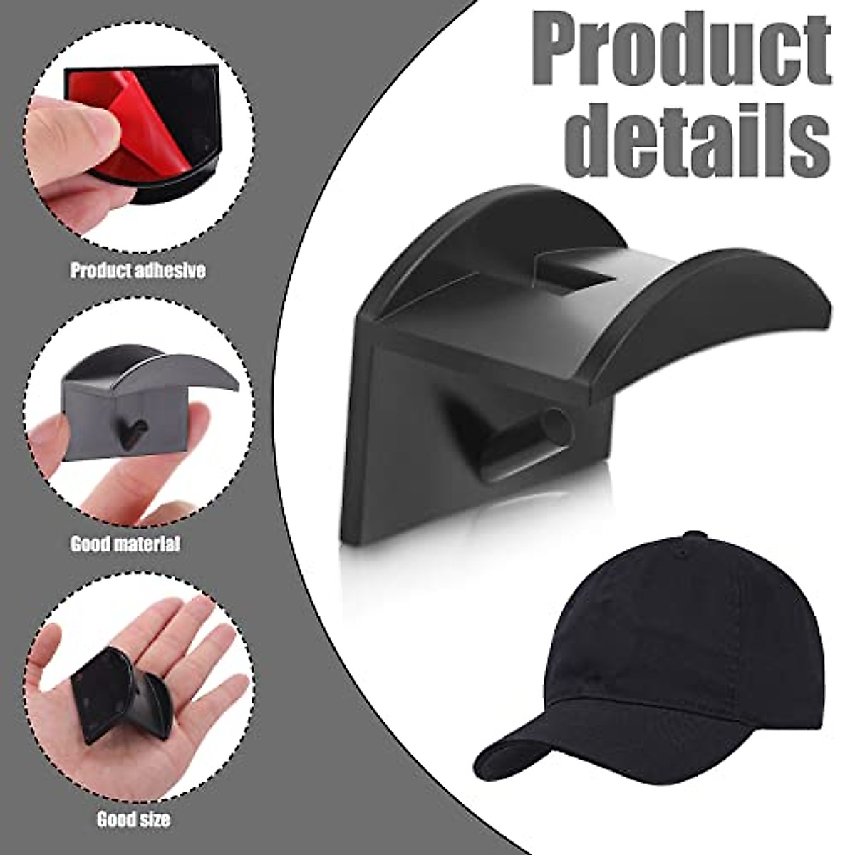 BESARME 12 Pack Hat Hooks for Wall, Strong Hold Hat Hangers, Hat Racks for Baseball Caps, No Drilling, Adhesive Hat Holder Organizer for Door, Closet, Stocking Stuffers Christmas Gift for Men (Black)