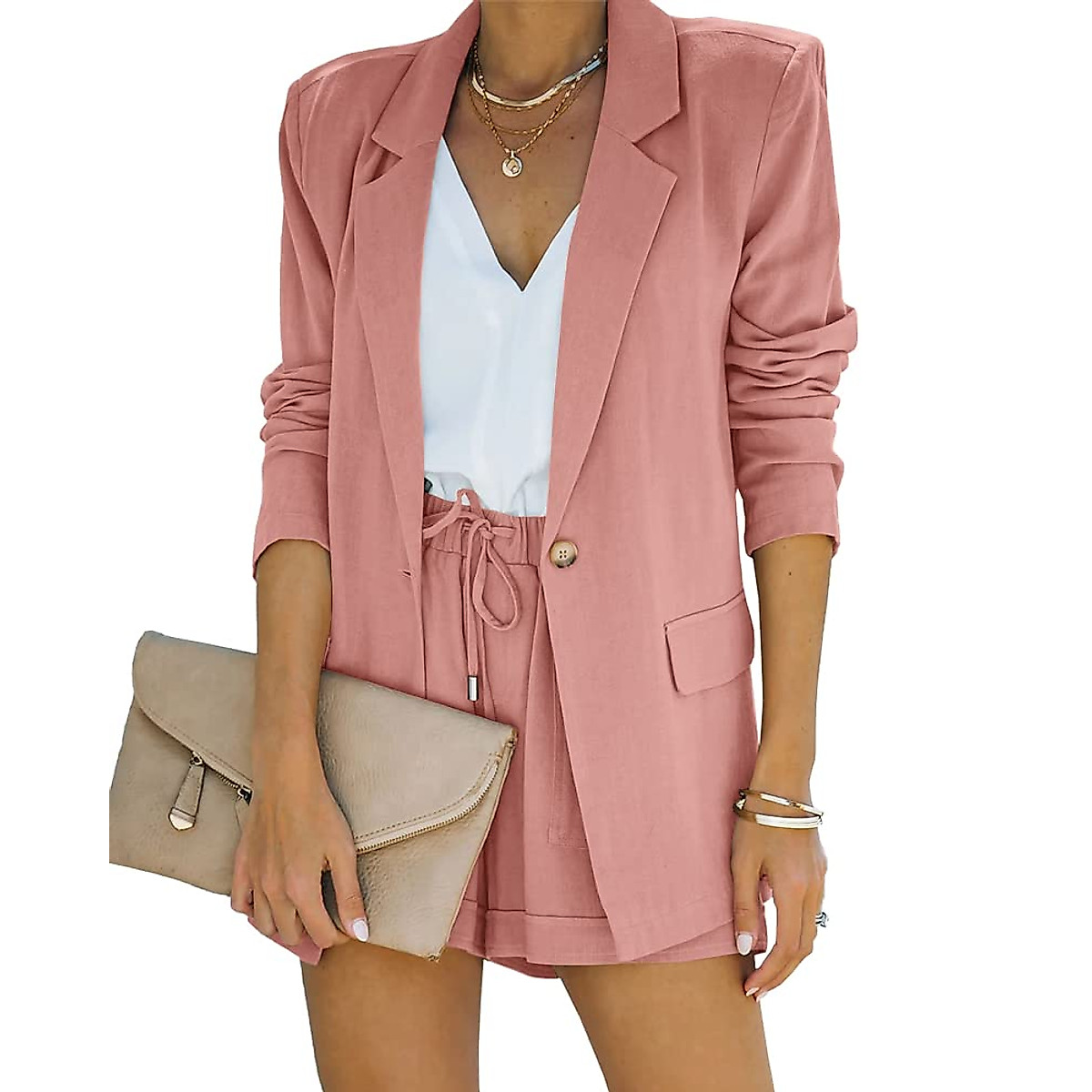 SySea Women's Business Suits Long Sleeve Blazer Jacket Coat and High Waisted Shorts 2 Pieces Outfits Set Light Pink