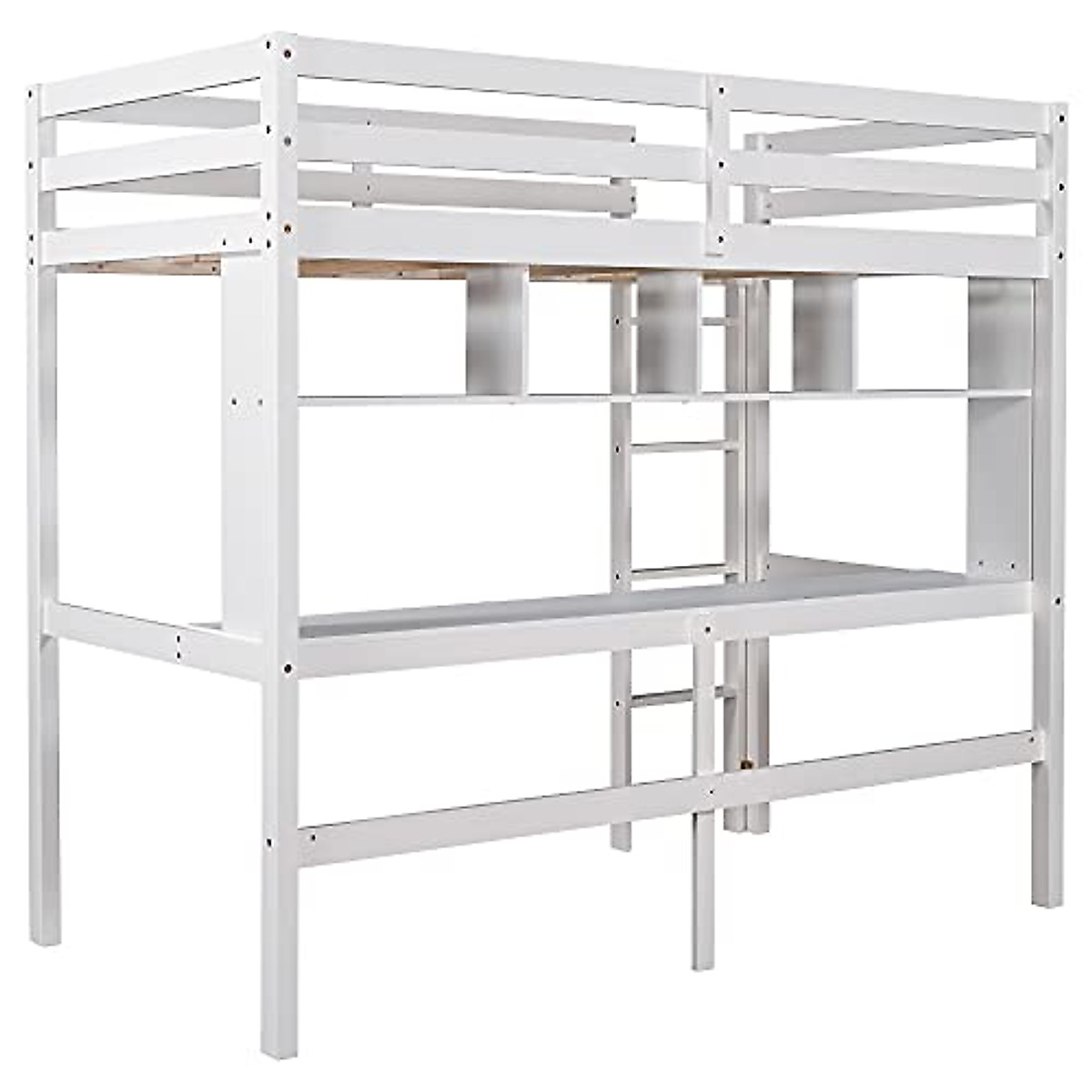 DEYOBED Twin Size Wooden Loft Bed Frame with Desk, Shelves for Kids Teens Adults