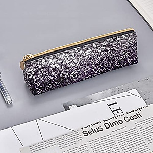 Ykklima Purple Black Silver Glitter Pattern Leather Pencil Case Zipper Pen Makeup Cosmetic Holder Pouch Stationery Bag for School, Work, Office