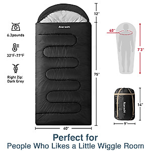 Atarashi Wide Sleeping Bags for Adults, Mens Black Sleeping Bags for Camping, Hiking and Outdoors, 3-4 Seasons Warm Cold Weather, Lightweight, Portable, Large Size with Compression Sack, 40''X87''