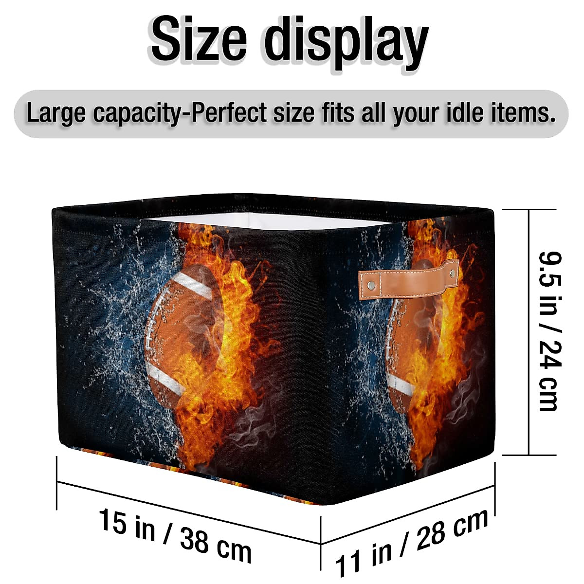 Fire Ice Football Foldable Storage Bin, Fire Water Sport Ball Fabric Storage Baskets Collapsible Decorative Baskets Organizing Basket Bin with Handles for Home Office, 2PACK