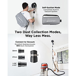 Drywall Sander with Vacuum Dust Collector, 820W DIY Popcorn Ceiling Removal Tool with Shoulder Strap, 600-1900RPM ETL Certified Electric Drywall Sander with 4 Vacuum Adapters, Aluminum Oxide Sandpaper