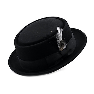 NYFASHION101 Mens Crushable Wool Felt Porkpie Hat w/Feather HE09 Bk-S/M Black