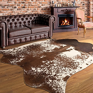Chicrug Exquisite Faux Fur Cowhide Rug, 4.6 x 5.2 Feet Cow Hide Western Room Decor Rug for Living Room Bedroom, Non Slip Cute Cow Animal Print Floor Carpet for Kids Family, White and Brown