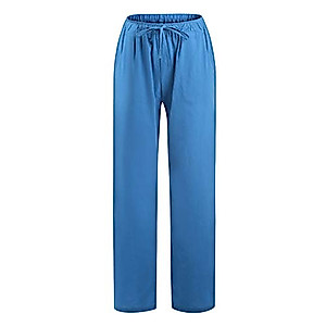 ZunFeo Women's Casual Linen Pants Smocked Waist Wide Leg Loose Fit Trousers Drawstring Palazzo Pants Summer Vacation Wear D-Blue