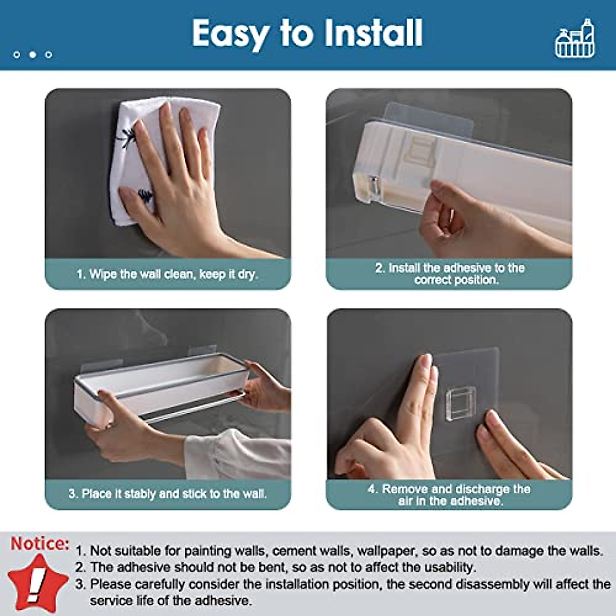 Aomola Shower Caddy 2 Pack, Adhesive Shower Rack with 4 Hook, No Drilling Stainless Steel Shower Shlef, Bathroom Organizer for Kitchen, Washroom