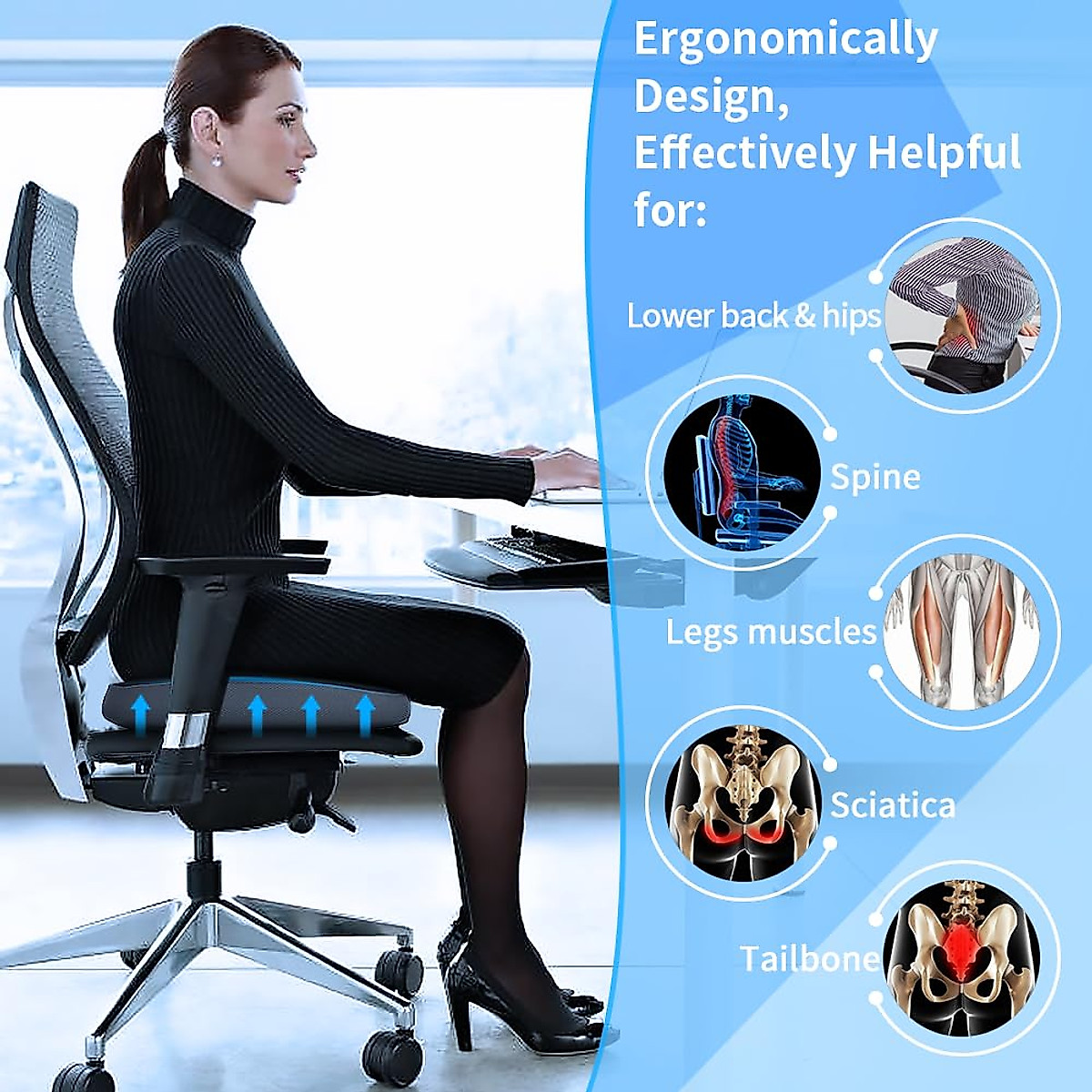 ANKUNABA Seat Cushions for Office Chairs, Large Memory Foam Chair Pad for Coccyx Tailbone Sciatica Back Pain Relief, Orthopedic Butt Pillow for Desk Car Wheelchair Computer Long Sitting (Black)