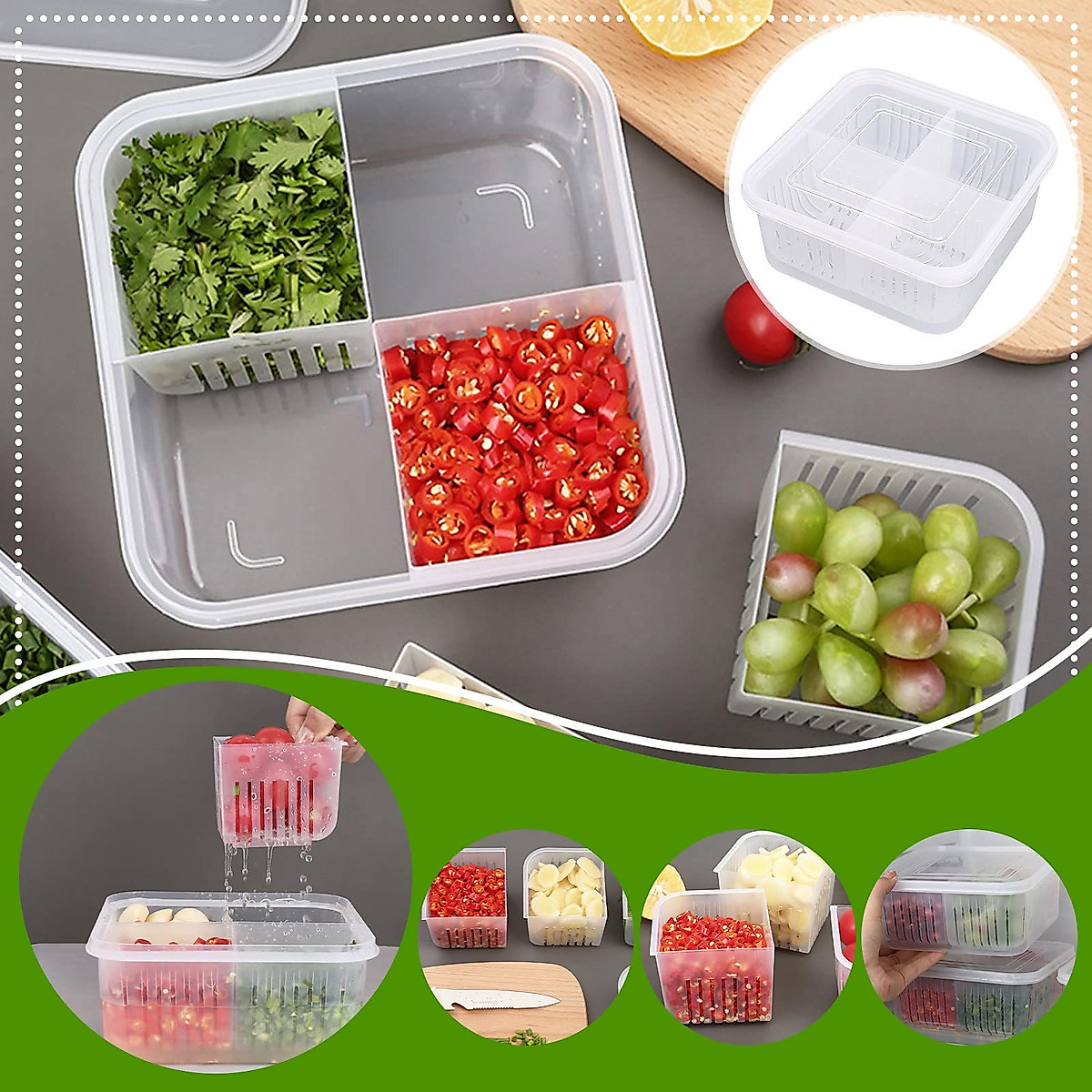 WOHSAO Storage Containers Square Handle Food Storage Organizer Boxes with Lids for Refrigerator, Food Storage Box, Food Storage Containers with Lids, Four-Grid Containers for Ginger Slice