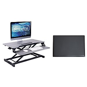 Rocelco Standing Desk Converter and Floor Mat - 31.5 Inch Sit Stand Up Dual Monitor Tabletop Riser with Tablet Mount, Height Adjustable Workstation - Deep Keyboard Tray - Gray (R VADRG-MAFM)
