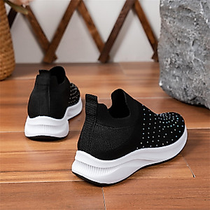 HINDOLA Women's Fashion Rhinestone Mesh Sneaker Knit Slip On Shoes Breathable Glitter Walking Shoes Ballroom Jazz Latin Dance Sock Sneakers Black