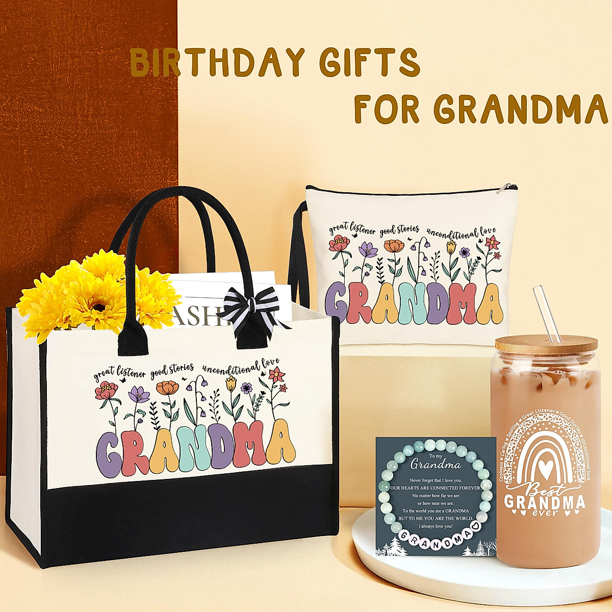 DOGMEM Grandma Gifts for Birthday, Tote Bag Grandma Gifts Set from Granddaughter Grandson Grandchildren Grandkids Best Grandma Gifts Basket Tote Bag Makeup Bag 16 Oz Can Glass Bead Bracelet