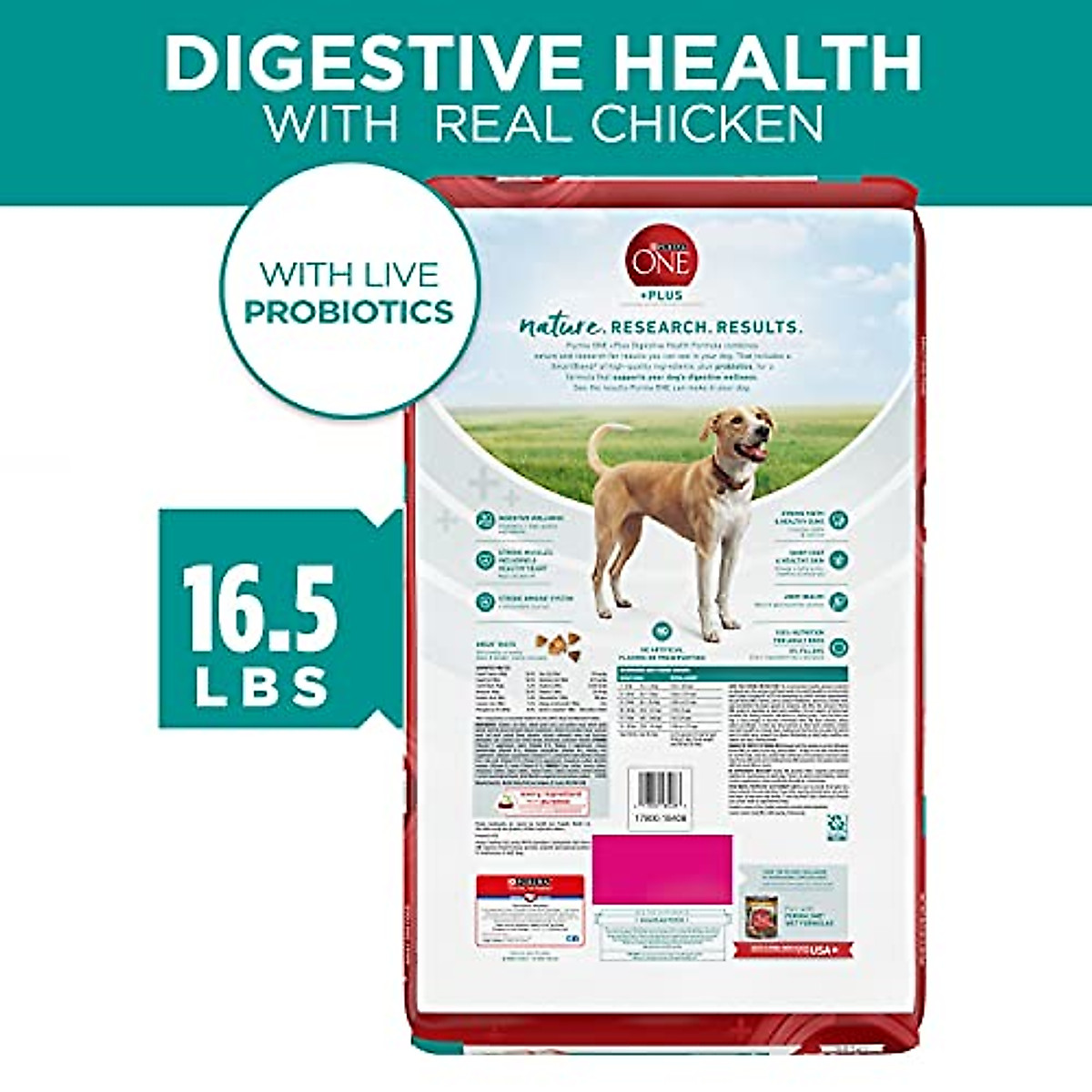 Purina One Plus Digestive Health Formula Dry Dog Food Natural with Added Vitamins, Minerals and Nutrients - 16.5 Lb. Bag