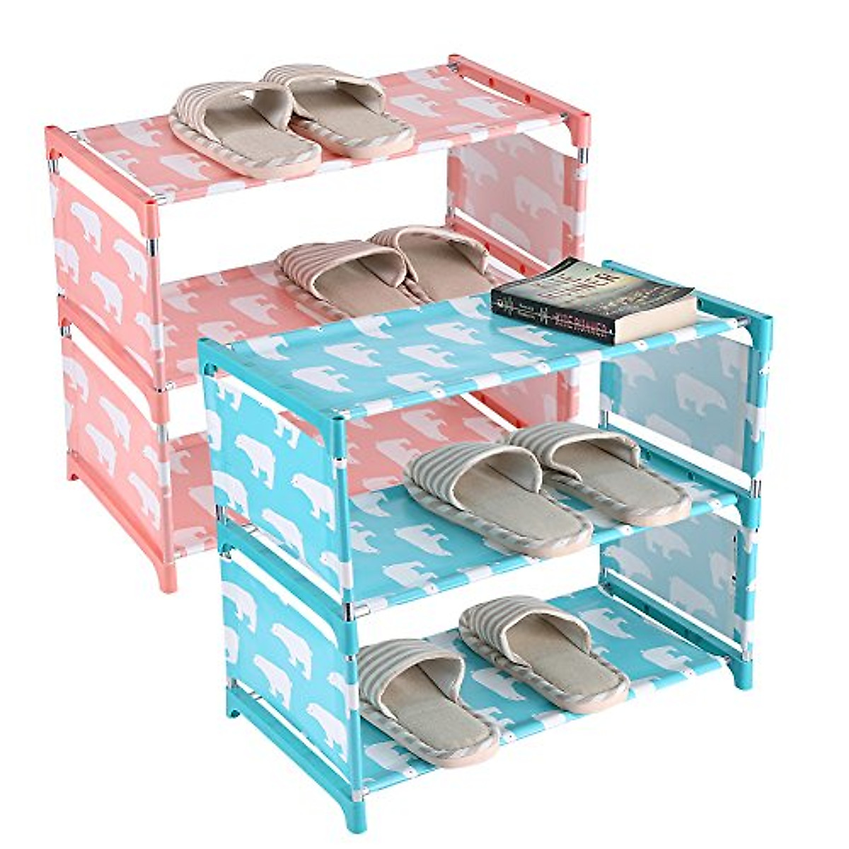Fdit 3 Tier Stackable Shoe Shelves Portable Shoe Tower Closet Rack Storage Cabinet Boot Organizer Shoe Stand for Slippers Sneakers High Heels(Pink)