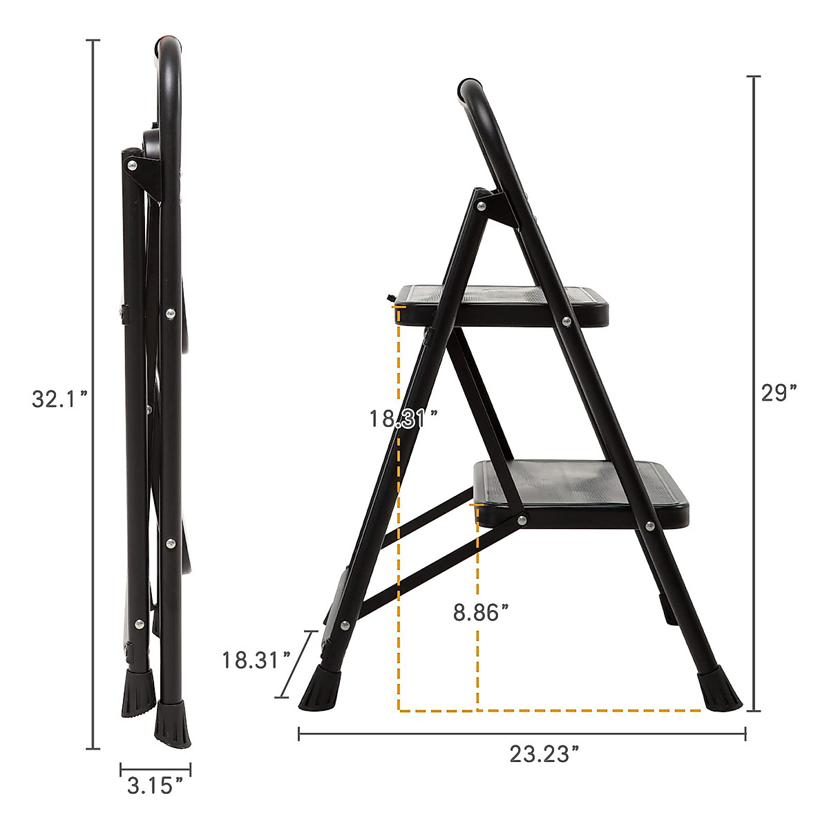 Wiberwi 2 Step Ladder Folding Step Stool for Adults with Handle 330 Lbs Capacity, Lightweight & Portable Step 2 Stool Ladders with Wide Pedal for Home Kitchen Sturdy Steel Frame, Black