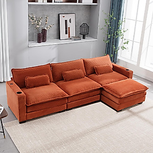 KIVENJAJA Corduroy Cloud Sectional Couch, Modern Comfy Modular L-Shaped Sectional Sofa with Ottoman, Cup Holders & USB Port for Living Room Apartment, 117.7”W, Orange