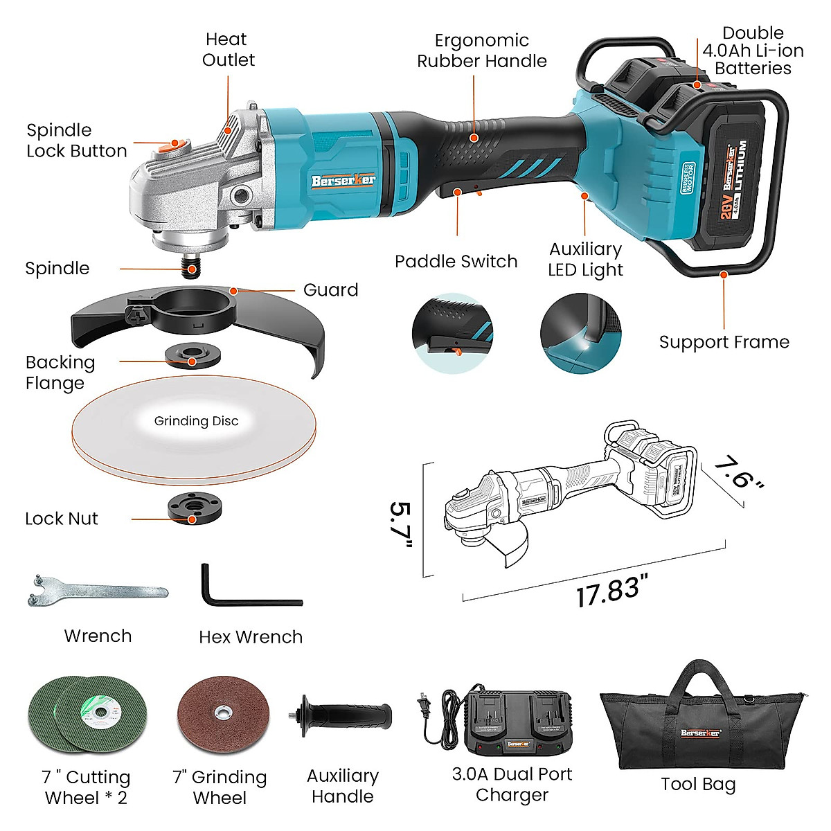 Berserker 36V Cordless 7" Brushless Power Angle Grinder Tool, 2 * 4.0Ah Li-Ion Battery Operated and Charger, Electric Paddle Switch Handheld Heavy Duty Cut-Off Grinder for Metal Wood Cutting/Grinding