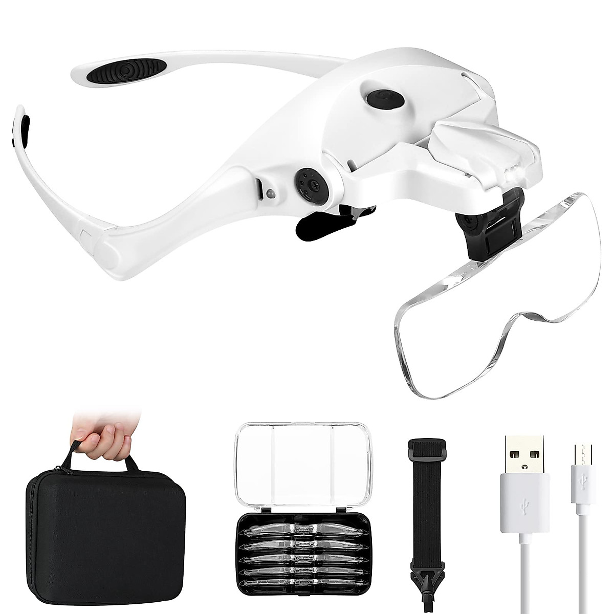 Rechargeable Headband Magnifying Glass with Storage Case, Hands Free Head Magnifier Glasses with LED Light, 1X-1.5X-2X-2.5X-3.5X Lighted Magnifying Headset for Close Work Reading Craft Jewelers Hobby