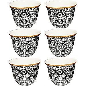 Chandler Espresso Turkish Arabica Coffee Cup Assorted Design Available from Brand 70ml 2.5oz Set of 6 Cups with Gift Box (Porcelain, White Porcelain with Black Flowers H)