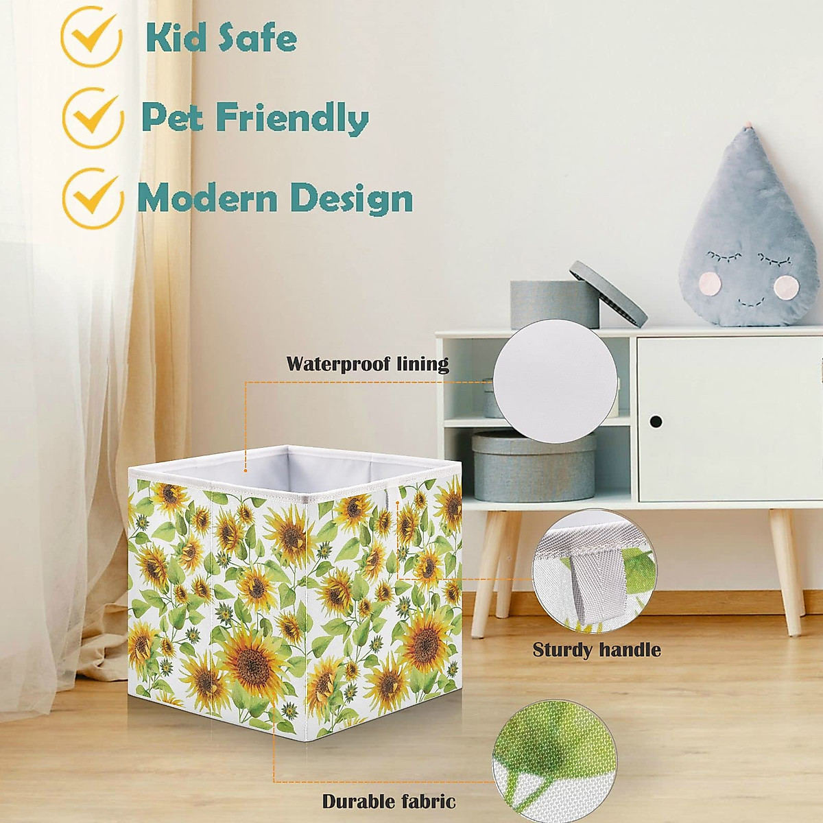 visesunny Closet Baskets Sunflower with Green Leaf Storage Bins Fabric Baskets for Organizing Shelves Foldable Storage Cube Bins for Clothes, Toys, Baby Toiletry, Office Supply