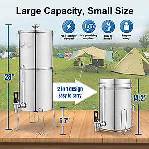 LCF Gravity-fed Water Filter System, 3 Gallons Stainless-Steel System with 6 Filters, Metal Water Level Spigot and Stand, Reduces Chlorine & Fluoride, LCF Gravity Tank series(LCF-GT- Professional)