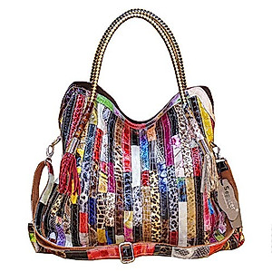 Segater® Women’s Multicolor Big Boston Bag Genuine Leather RANDOM Colorful Patchwork Large Tote Handbag Hobo Large Capacity Crossbody Bag Big Hobo Purse